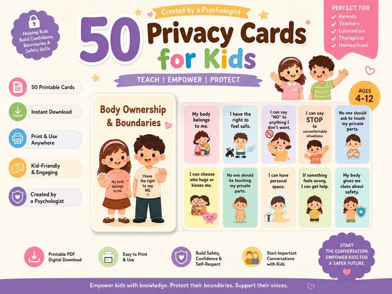 50 Kids Privacy Cards | Body Safety, Consent & Boundaries Activities ...