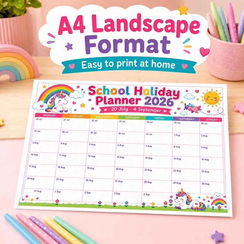 Unicorn Rainbow School Holiday Planner 2026 (A3 A4 PDF Download) - Etsy