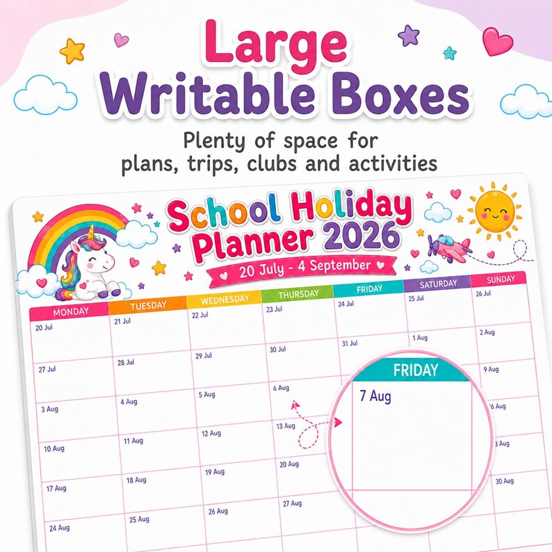Unicorn Rainbow School Holiday Planner 2026 (A3 A4 PDF Download) - Etsy
