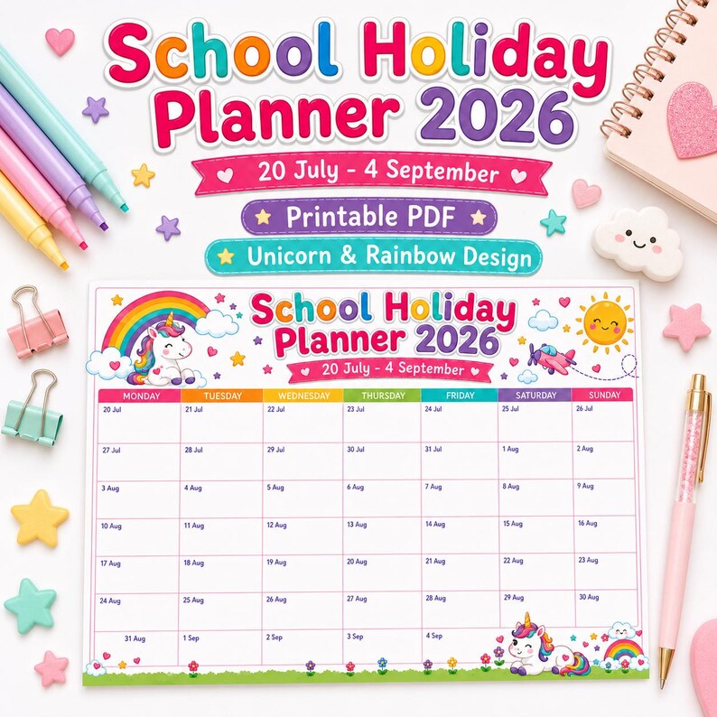 Unicorn Rainbow School Holiday Planner 2026 (A3 A4 PDF Download) - Etsy