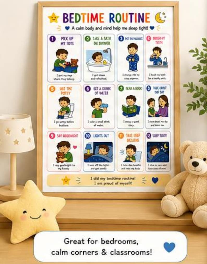 Kids Bedtime Routine Visual Schedule | Autism ADHD Nighttime Chart ...