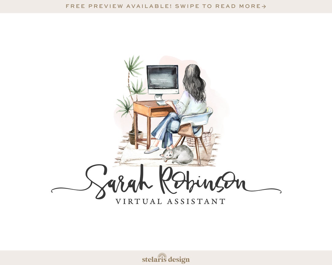 Virtual Assistant Logo Design, Watercolor Home Office Logo, Online ...