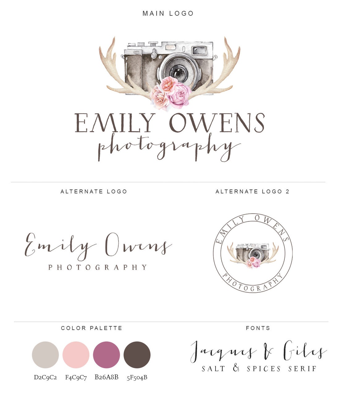 Photography Branding Package, Logo and Watermark Set, Floral Camera ...