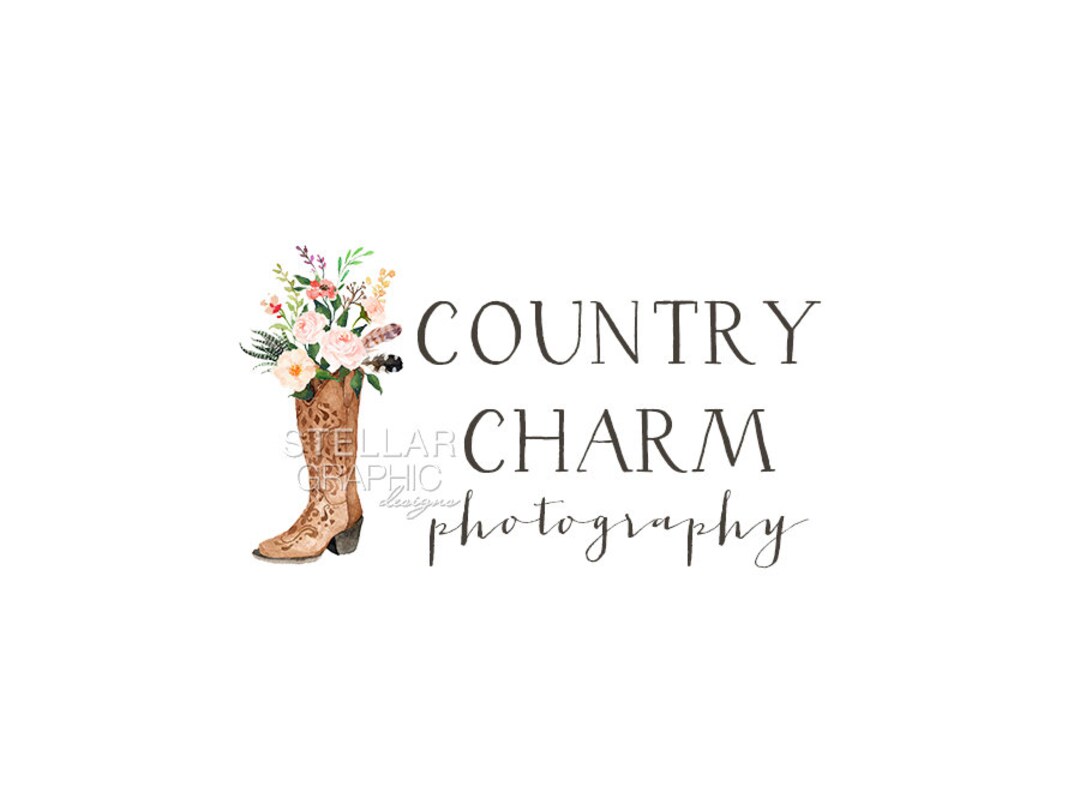 Floral Boots Logo and Watermark, Premade Photography Watercolor Western ...
