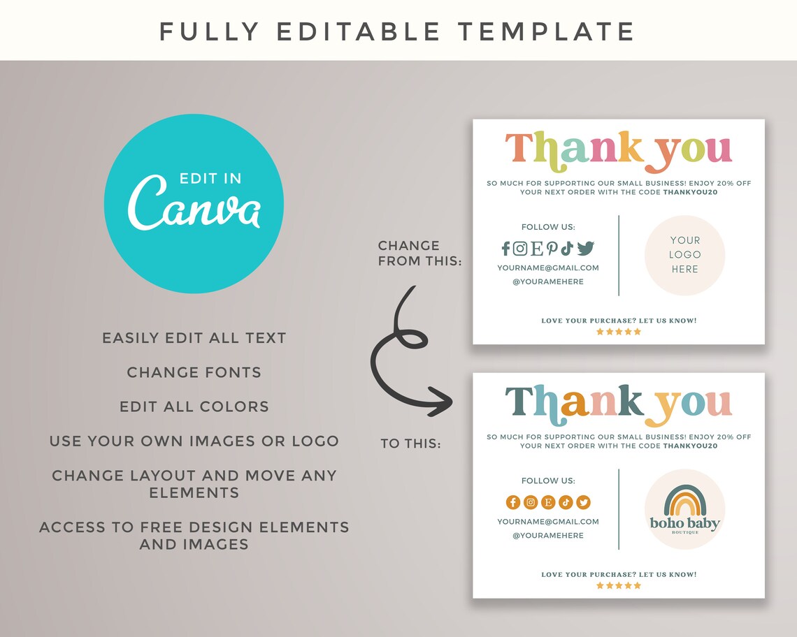 Printable Thank You Card Packaging Insert Note Editable Diy | Etsy