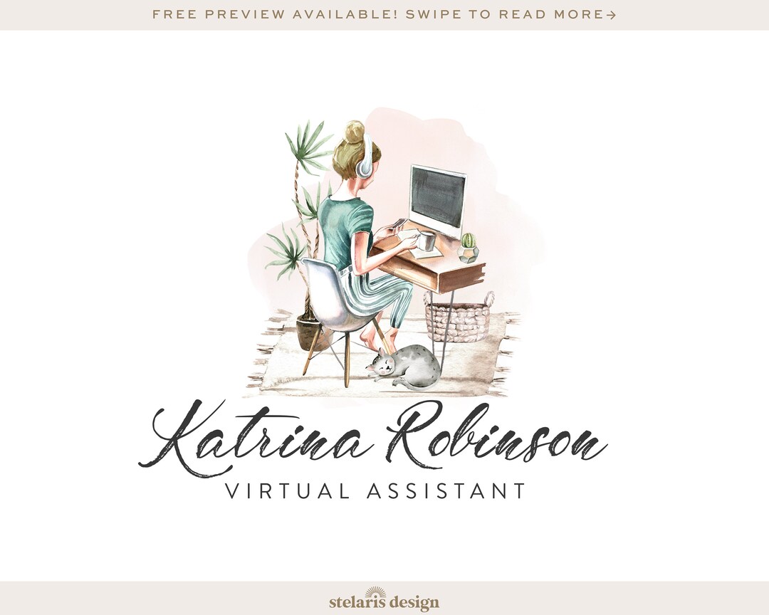 Virtual Assistant Logo Design, Watercolor Home Office Logo, Computer ...
