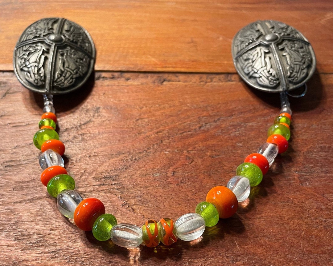 Viking Brooch Swag Necklace Viking Jewelry~ Green and Orange Lampwork ...