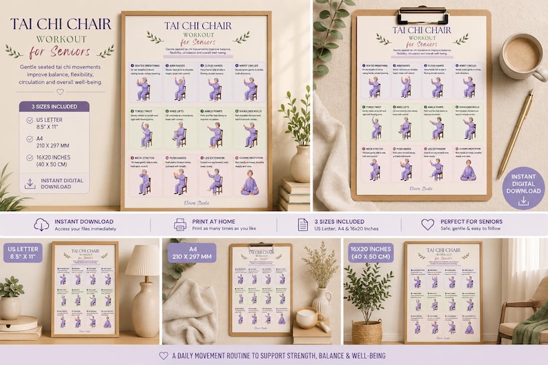 Printable Tai Chi Chair Exercise Bundle for Seniors | Seated Workout ...