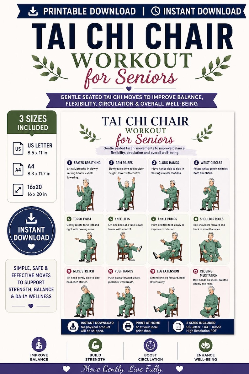 Printable Tai Chi Chair Exercise Bundle for Seniors | Seated Workout ...