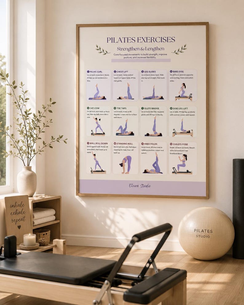 Pilates Exercises Poster | Strengthen & Lengthen Wall Art (digital ...