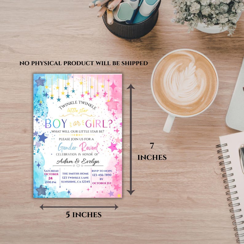 Gender Reveal Invitation Card. Twinkle, Twinkle Little Star Theme. Boy ...