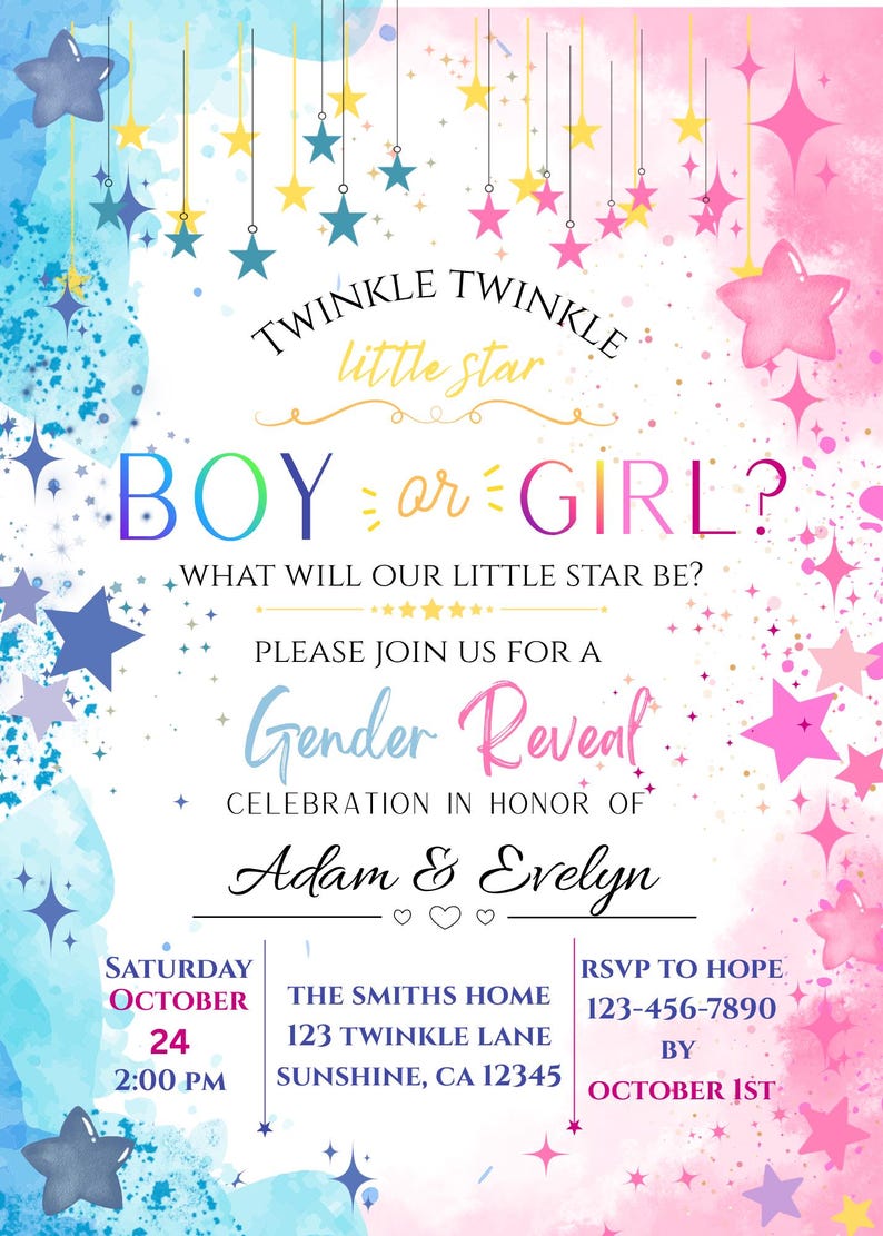Gender Reveal Invitation Card. Twinkle, Twinkle Little Star Theme. Boy ...