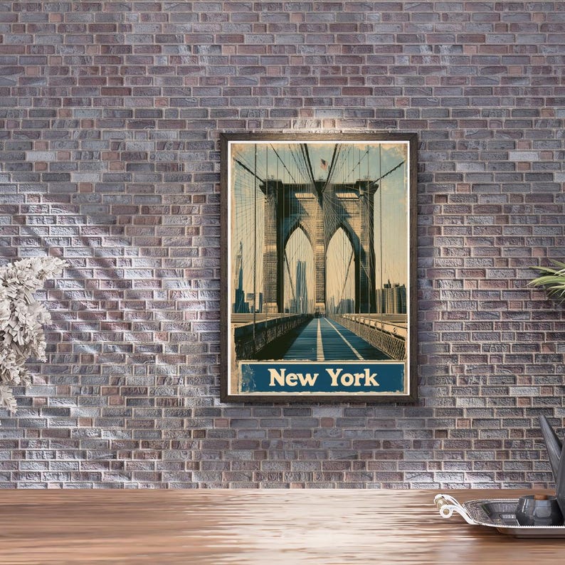 Brooklyn Bridge NYC Travel Poster: Moody Vintage Walkway Wall Art ...