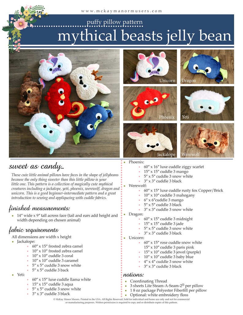 Mythical Beasts Stuffed Animal Pillow Downloadable Sewing Pattern ...