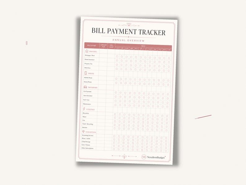 Bill Payment Tracker | Monthly Organizer, Annual Overview (PDF Digital ...