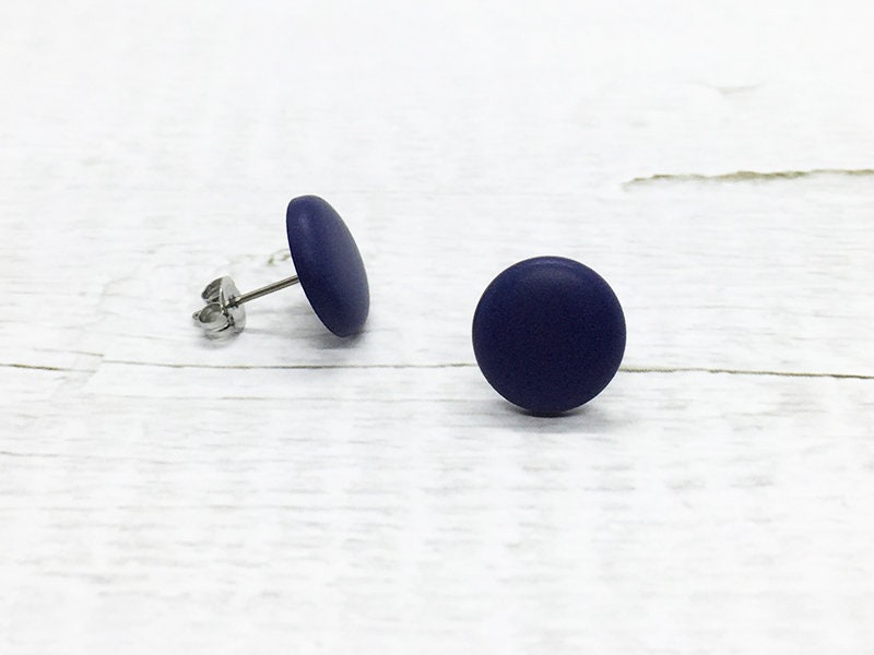 Navy Blue Stud Earrings Dark Blue Round Earrings Matte Flat - Etsy