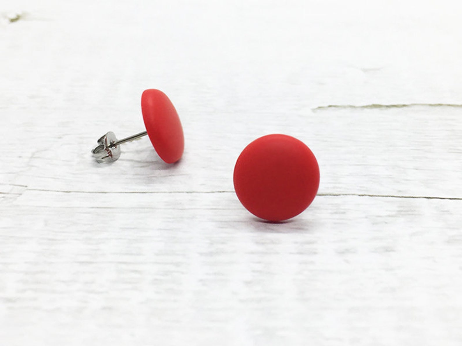 Hot Red Stud Earrings Matte Red Round Earrings Mens Stud | Etsy