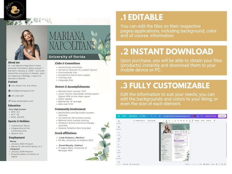 Editable Sorority Resume, Green Resume Template With Photo, Minimalist ...