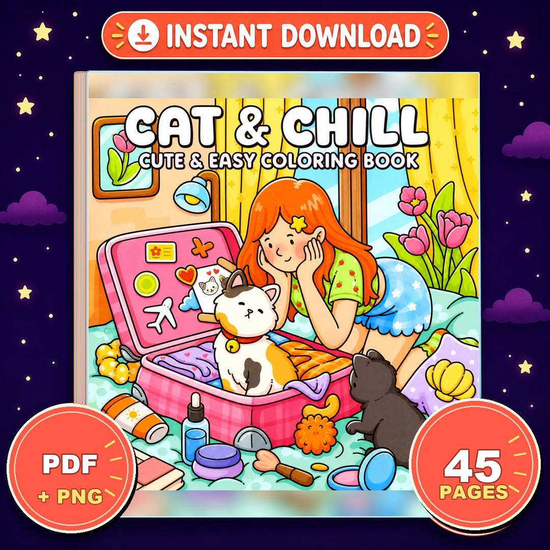Cat and Chill Coloring Book – Easy, 45 Pages (digital Download) - Etsy