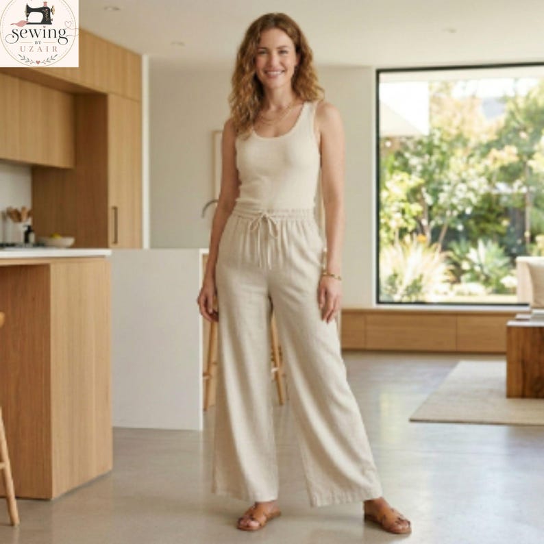 Wide Leg Lounge Pants Sewing Pattern, Relaxed Trousers, Elastic Waist ...