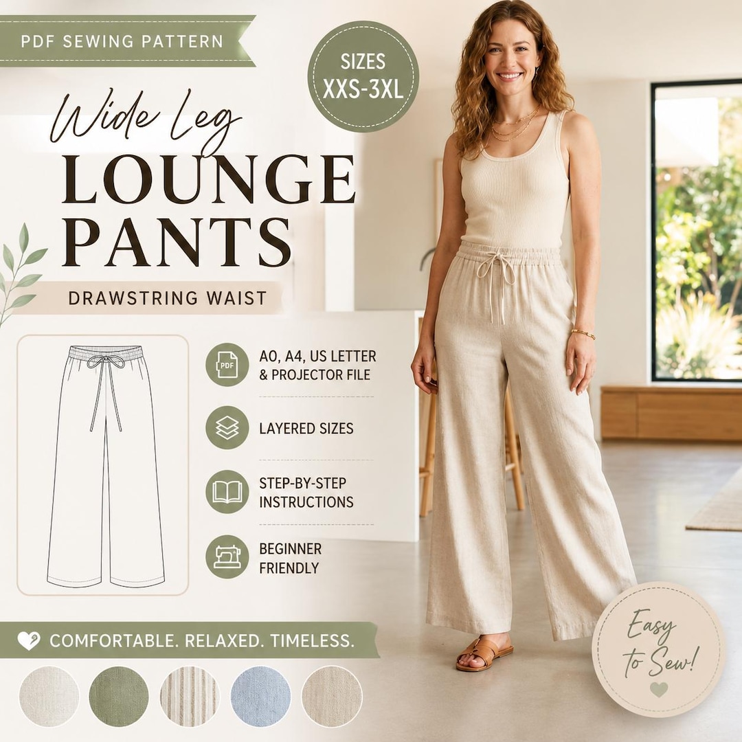 Wide Leg Lounge Pants Sewing Pattern, Relaxed Trousers, Elastic Waist ...