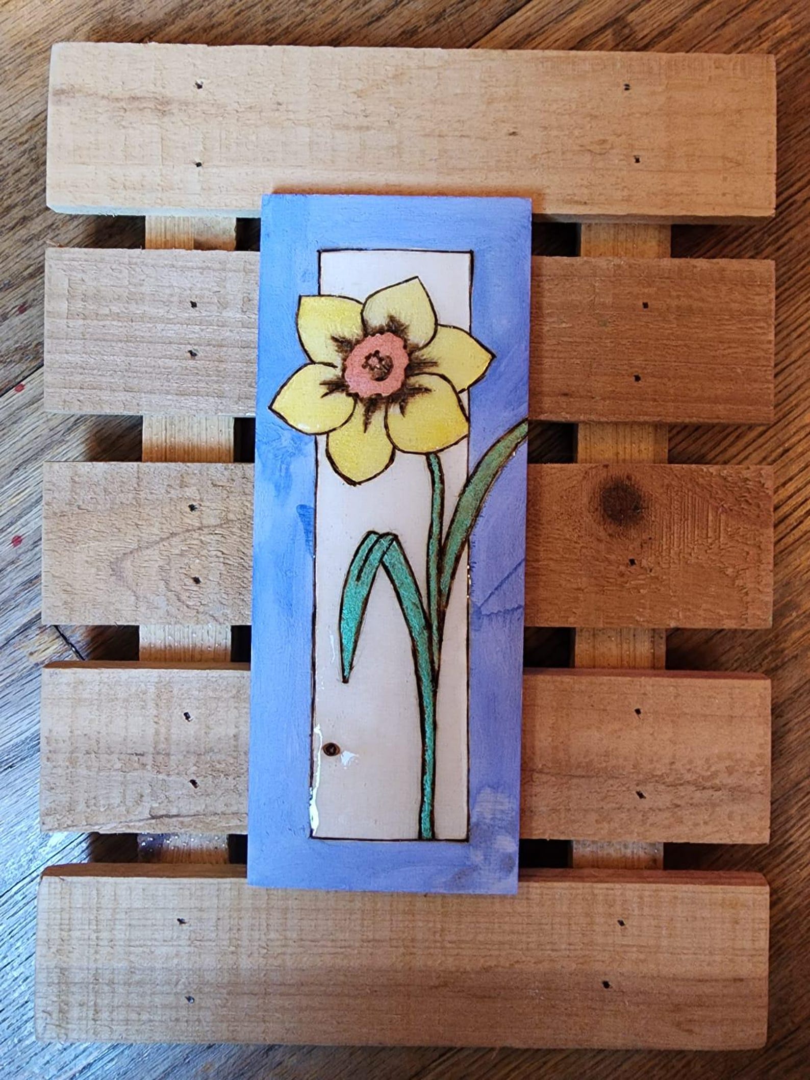Daffodil Art - Pyrography Wood Burned Art - Water Color Painted ...