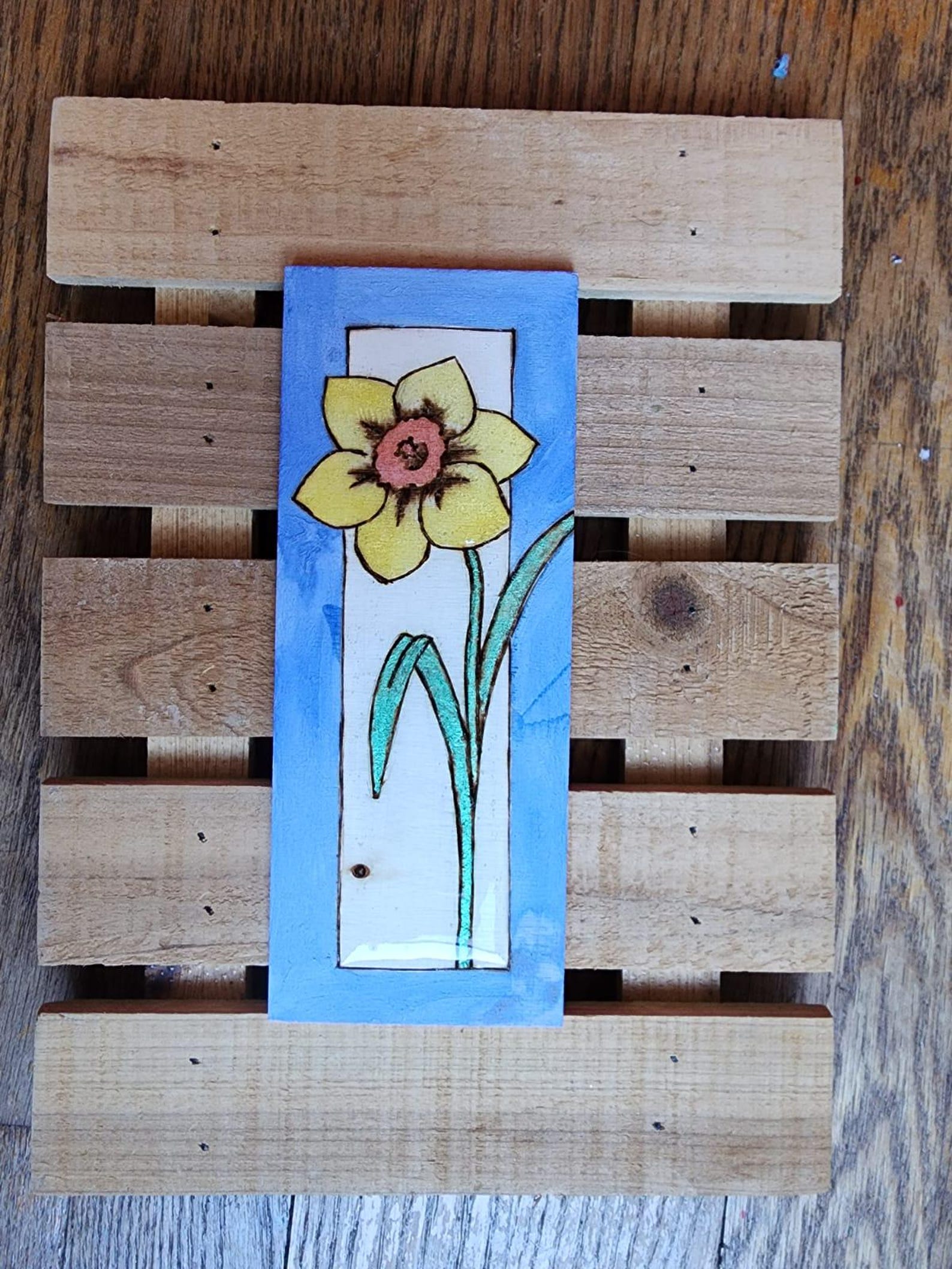 Daffodil Art - Pyrography Wood Burned Art - Water Color Painted ...