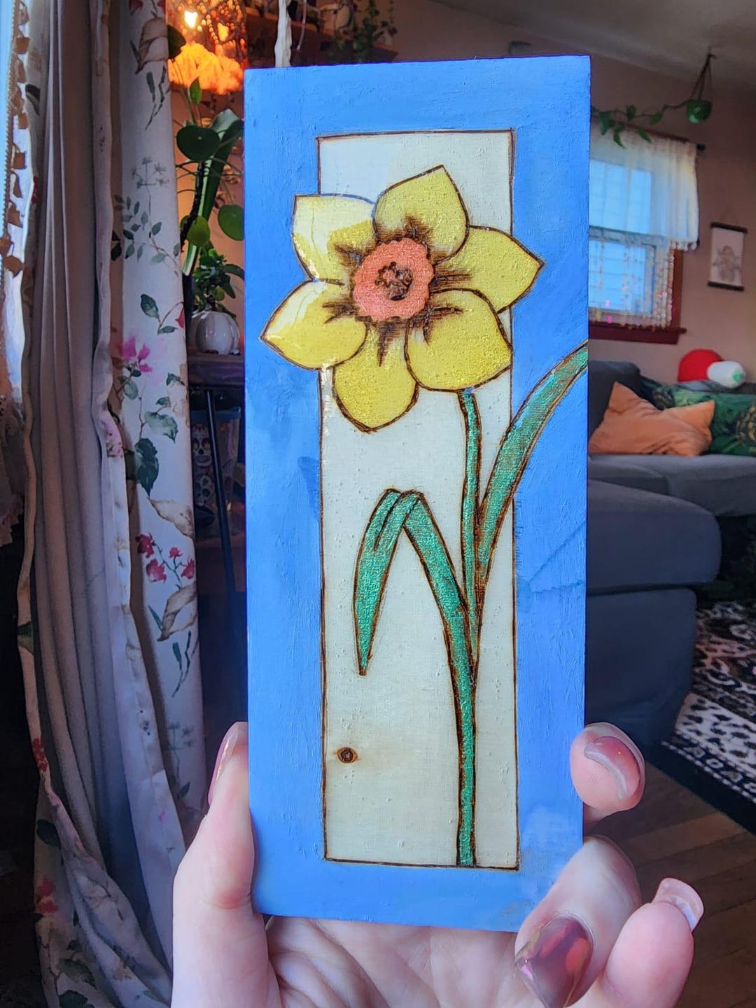 Daffodil Art - Pyrography Wood Burned Art - Water Color Painted ...