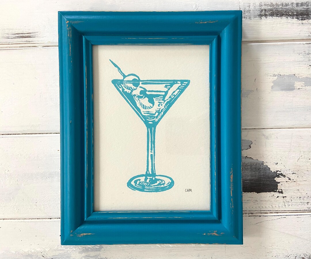 Original Teal Martini Linocut Art in Repurposed Hand-painted Teal Frame ...