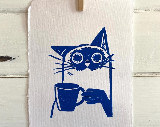 Original Cobalt Blue Disheveled Cat Drinking Coffee Linocut Art - Etsy