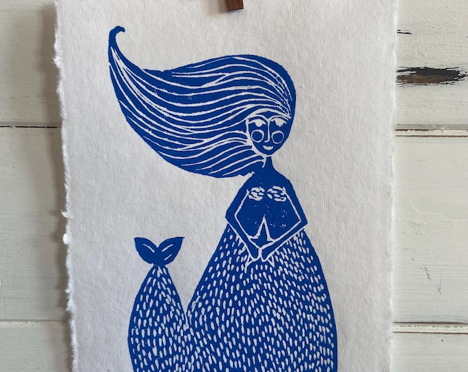 Original Blue Mermaid Linocut Art - Etsy