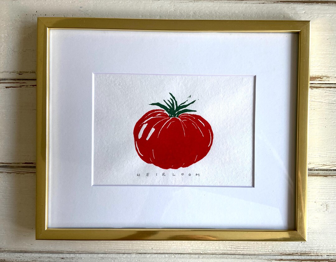 Original Red Heirloom Tomato Linocut Art in Repurposed Vintage Gold ...