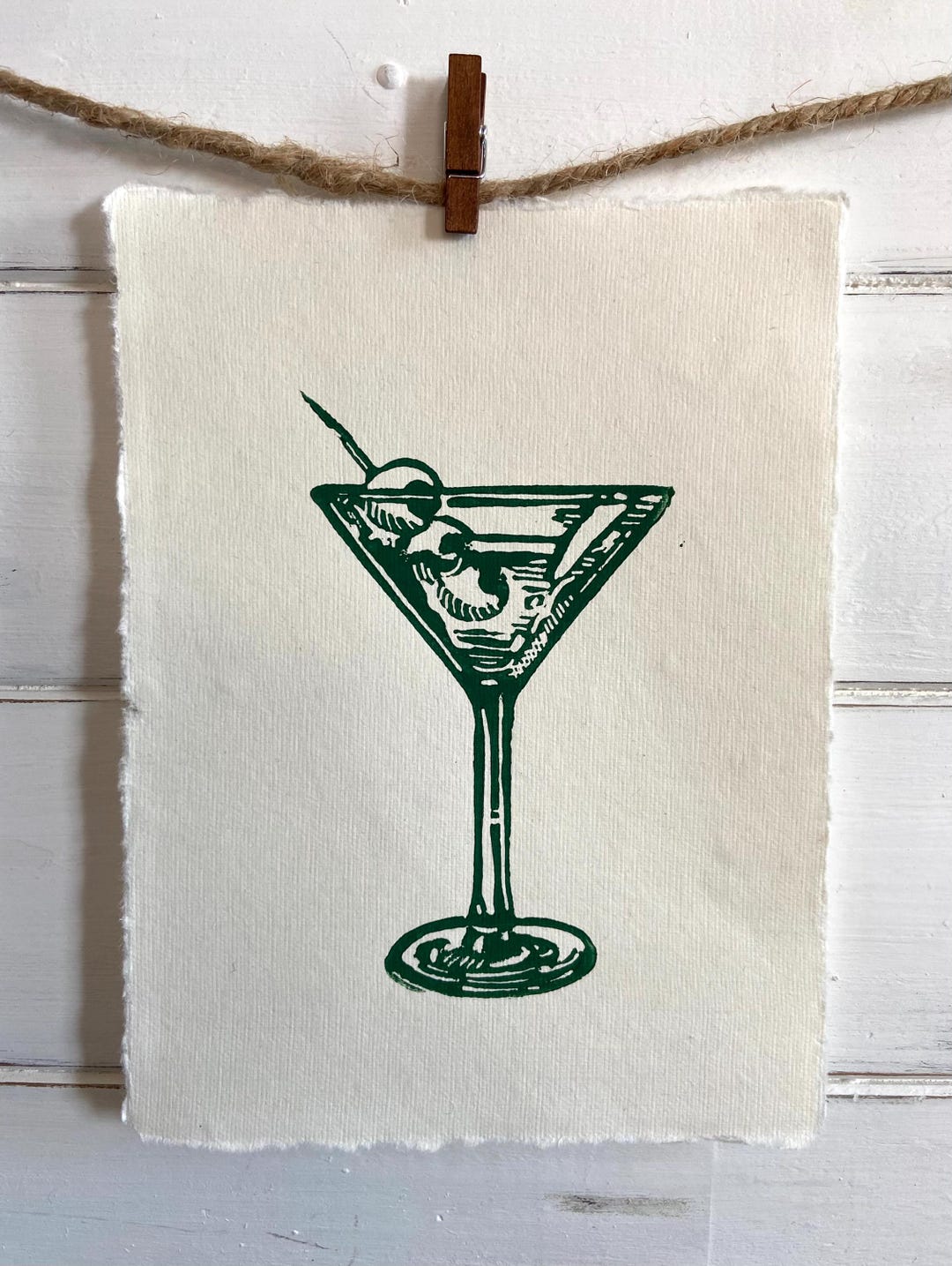 Original Dark Green Martini Linocut Art - Etsy