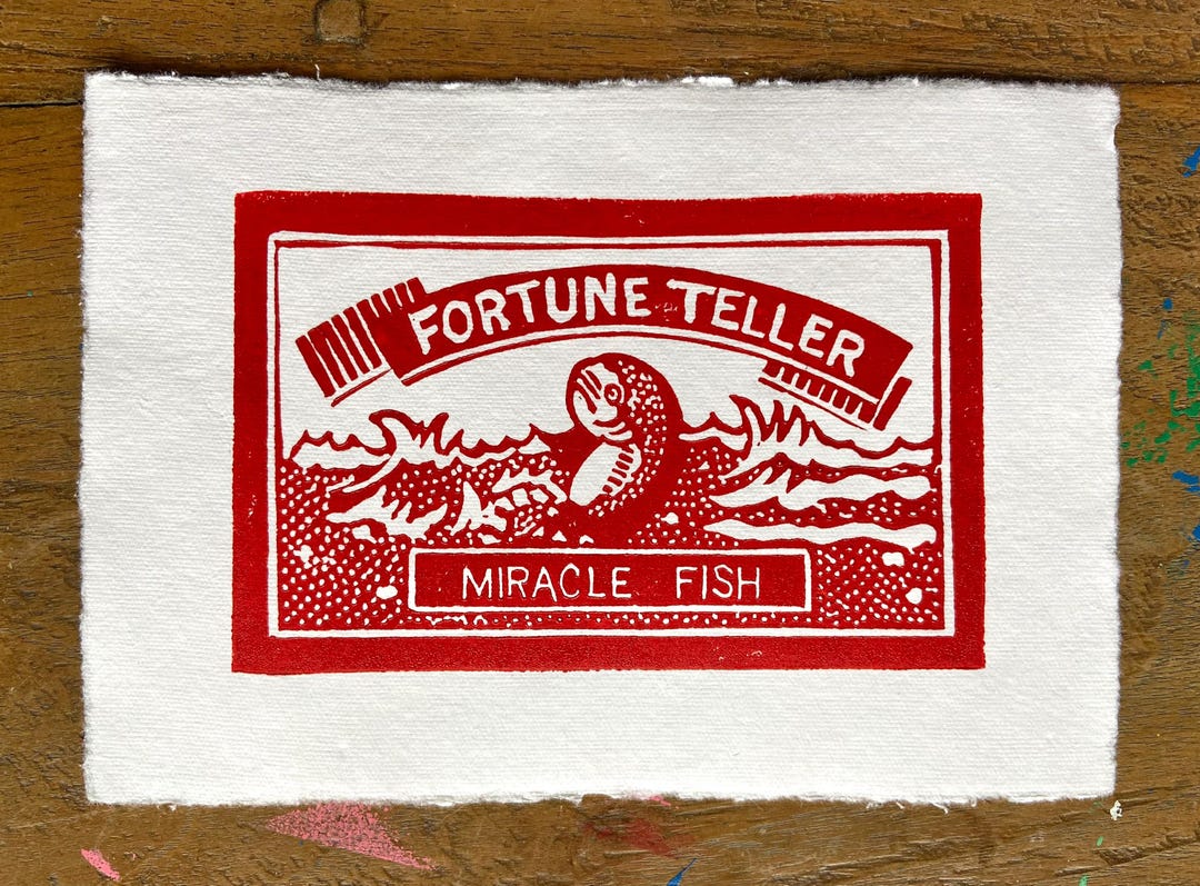 Original Red Fortune Teller Miracle Fish Linocut Art - Etsy