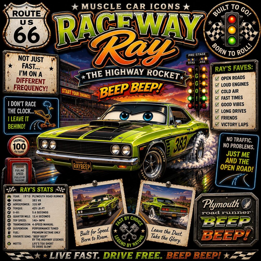Raceway Ray Printable Wall Art | Plymouth Road Runner Cartoon Car ...