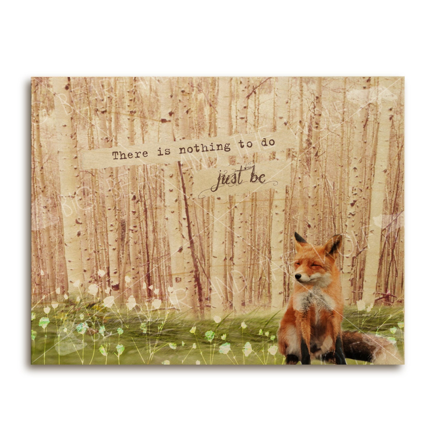 Fox Art Print on Wood With Quote JUST BE, Woodland Aspen Trees, Meadow ...