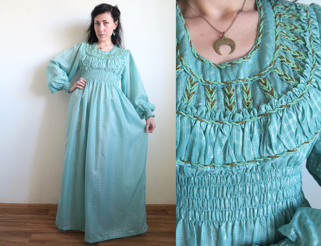 Sheer Beaded Blue-gold Dress, 70's Long Formal Gown, Seed Bead Braids ...
