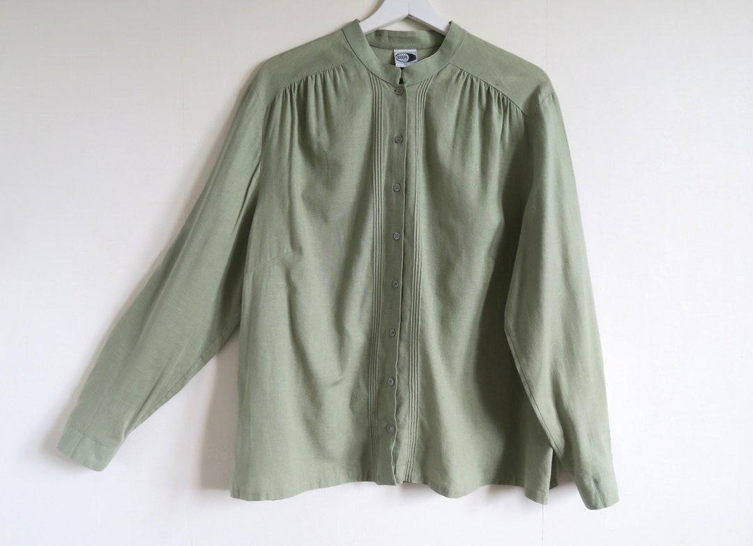 High Neck Folklore Blouse, Sage Green Cotton Peasant Shirt, Mandarin ...