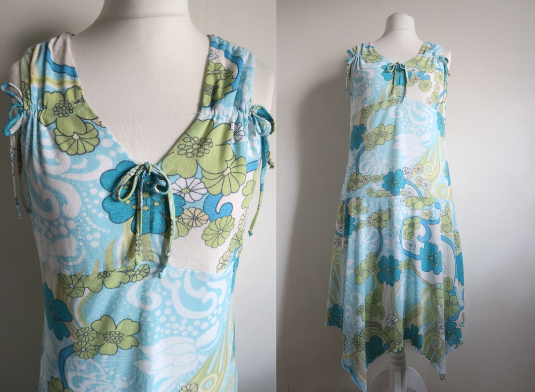 80's Psychedelic Summer Dress by CELLBES, Blue Green White Abstract ...