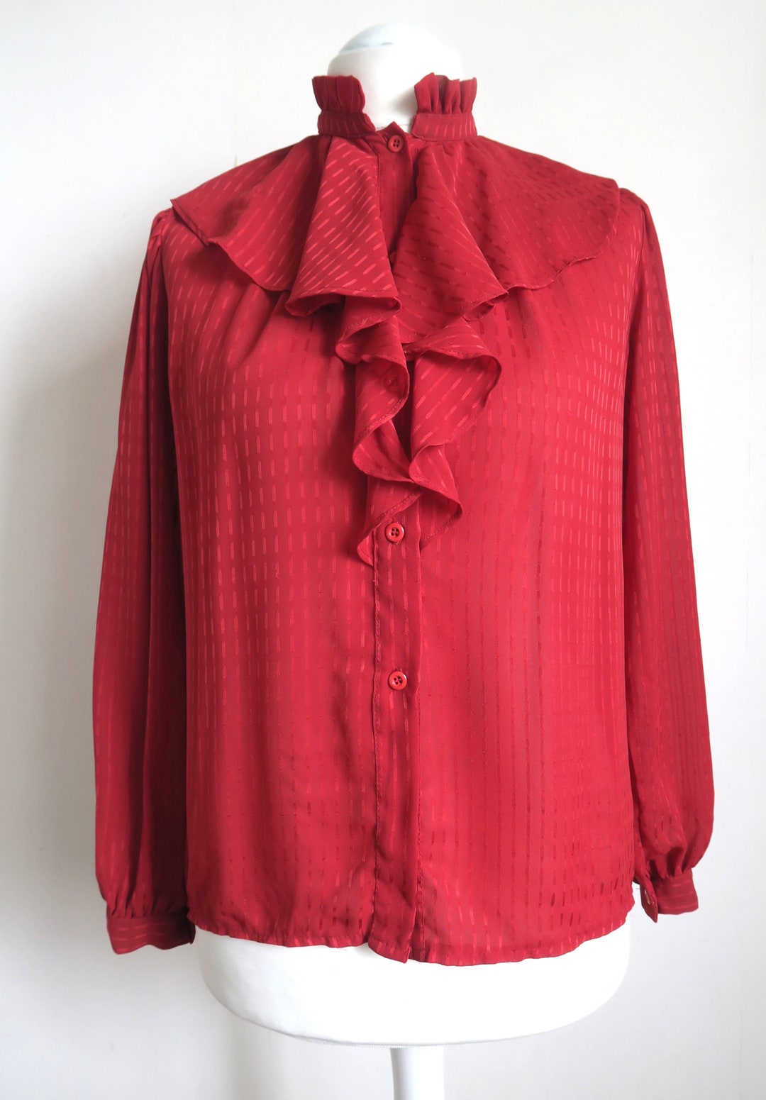 Blood Red French Jabot Blouse, Sheer Striped Texture Prairie Vampire ...