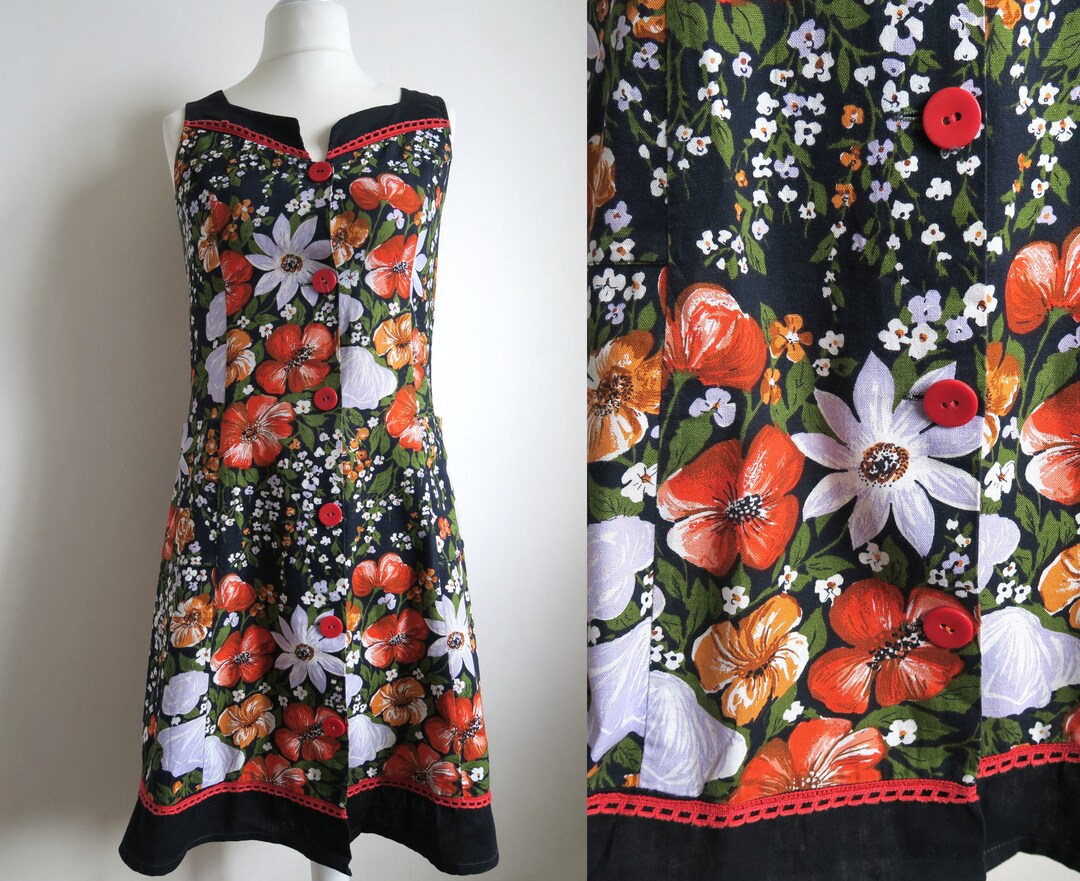 60's Mini Sundress, Floral Calico Robe, Sexy Housewife Dress, Button-up ...