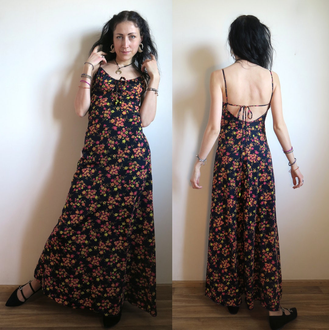 SLIX Sexy Swimdress, 70's Open Back Beach Gown, Long Ditsy Strappy ...