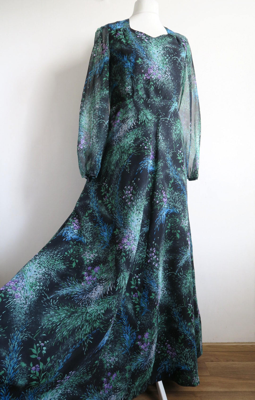Sheer Chiffon Floral Ball Gown, 60-70's Homemade Party Dress, Floor ...