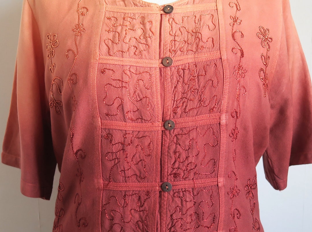 Rusty Red Orange Embroidered Blouse, 90's India Tunic, Short Sleeve ...