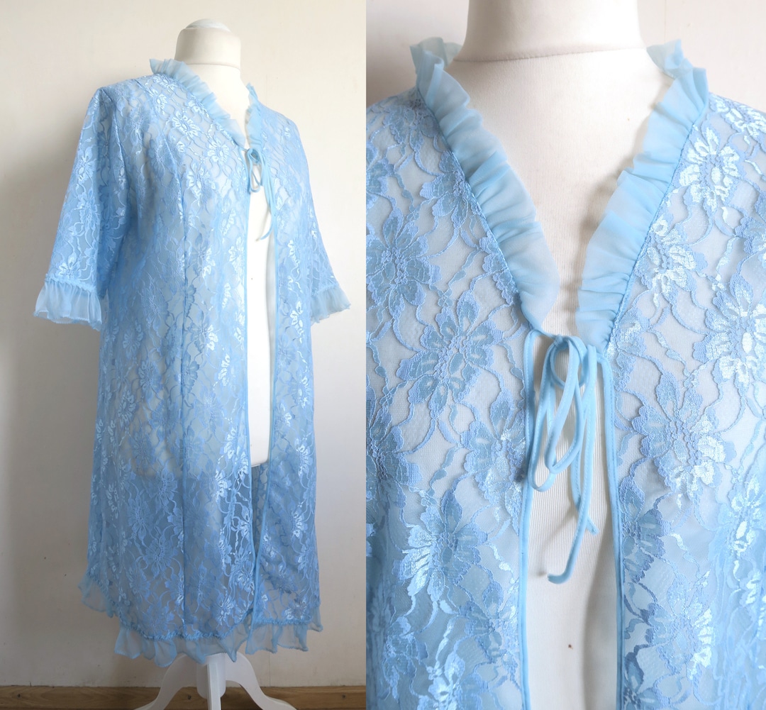 Sheer Mesh Lace Peignoir, Pale Blue Guipure Mini Robe, Frilly Night ...