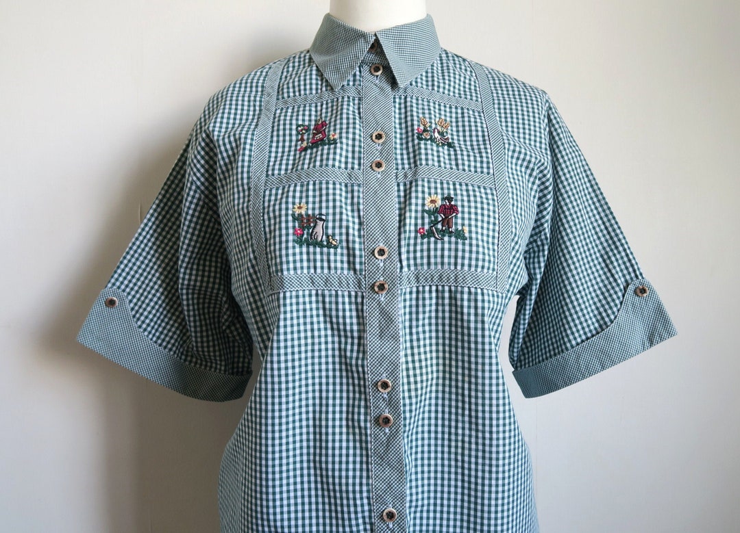 Embroidered Dirndl Blouse, Green White Checked Cotton Shirt, Austrian ...