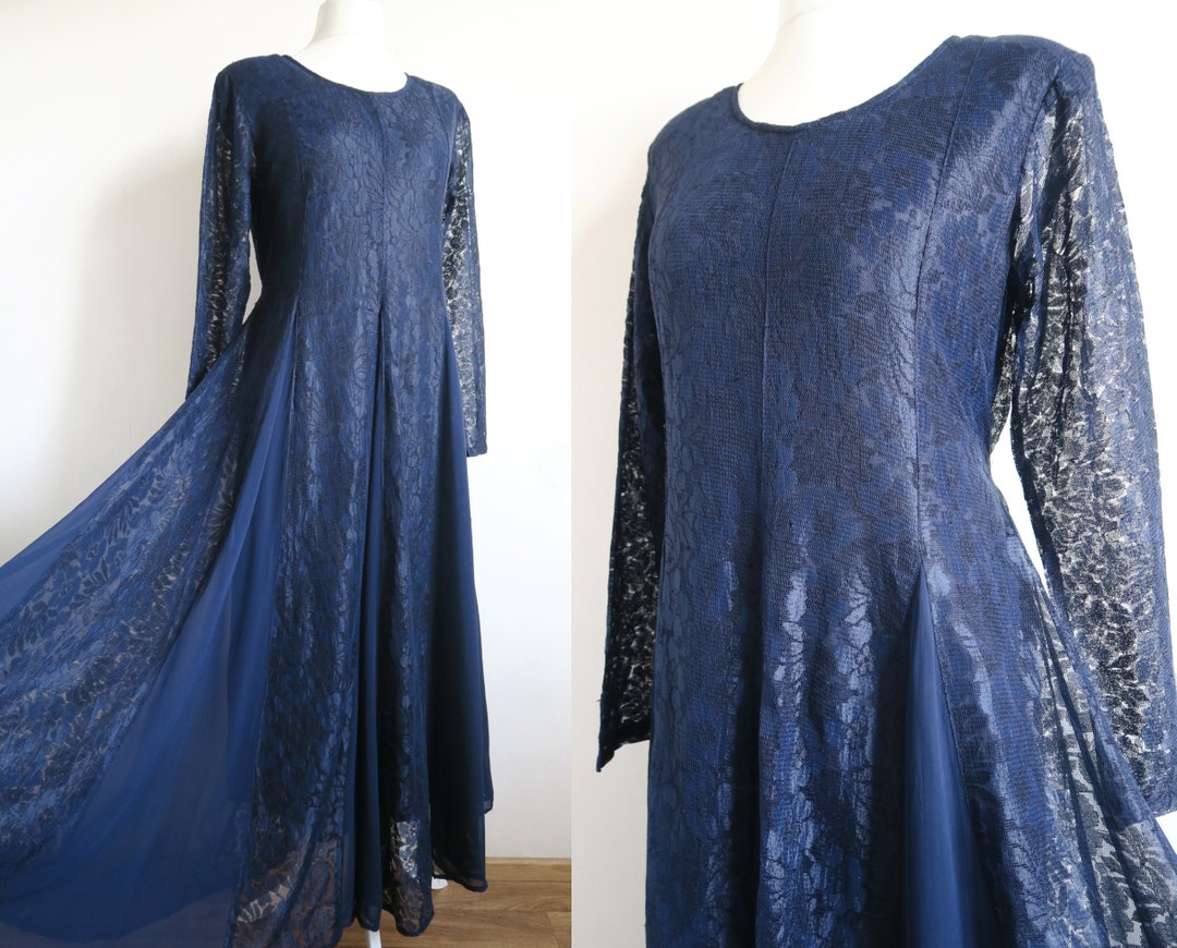 90's Wiccan Goth Maxi Dress, Dark Navy Blue Floral Mesh Lace, Long ...
