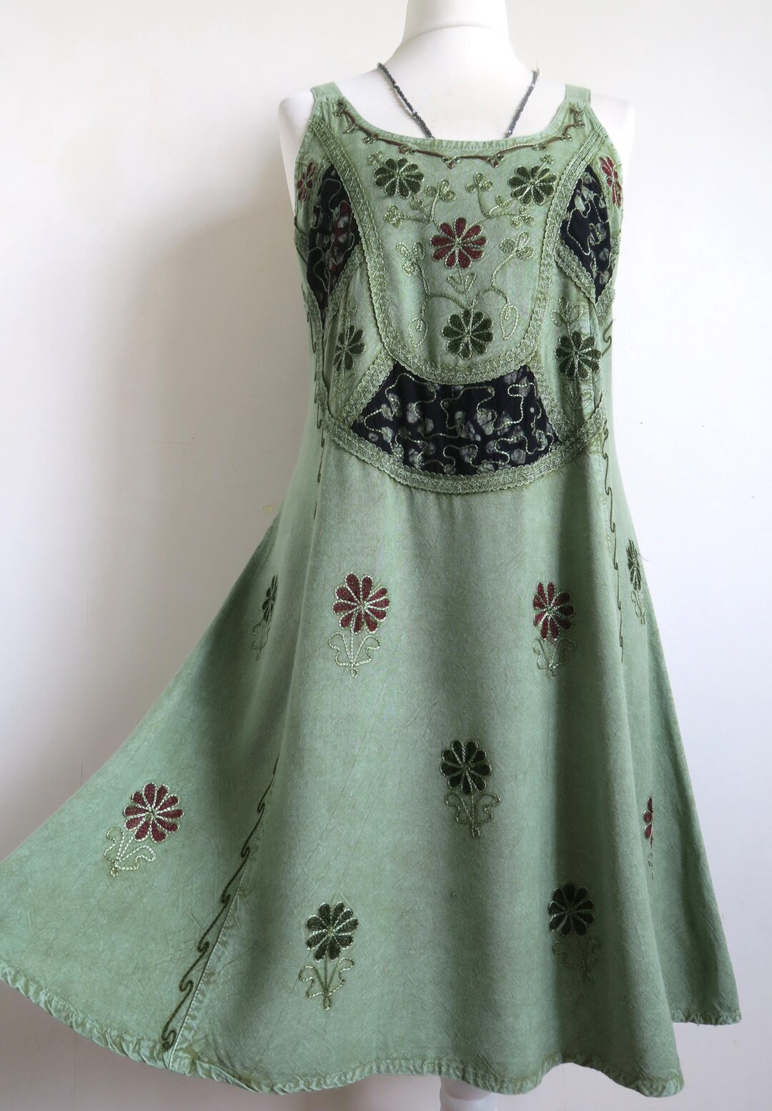 90's Embroidered India Mini Dress, Grunge Wicca Sundress, Green & Navy ...