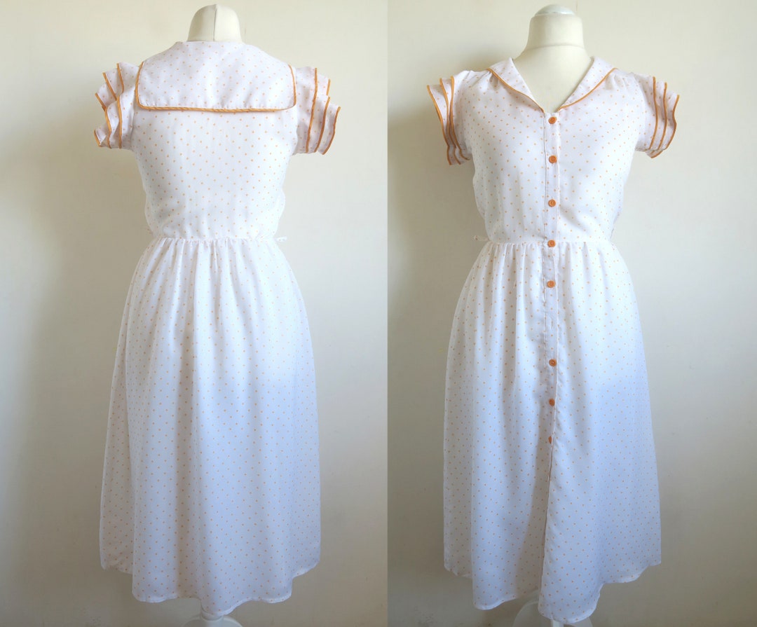 80's Do 40's Homemade Polka Dot Sheer Chiffon Dress, Sailor Collar ...