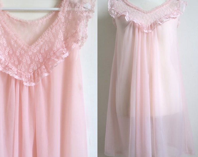 Frilly Lace Yoke Nightgown, 70's Sheer Pale Pink Nightie, Ruffles and ...